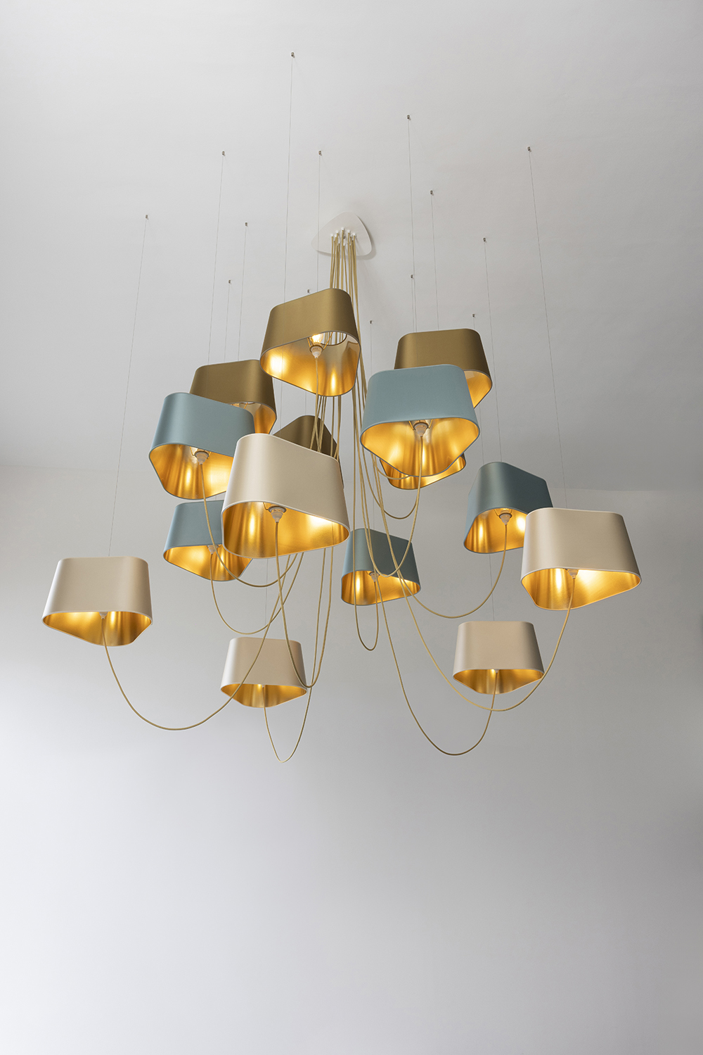 Chandelier 15 Grand Nuage 3 levels Satin Blue Beige & Gold 100% France
