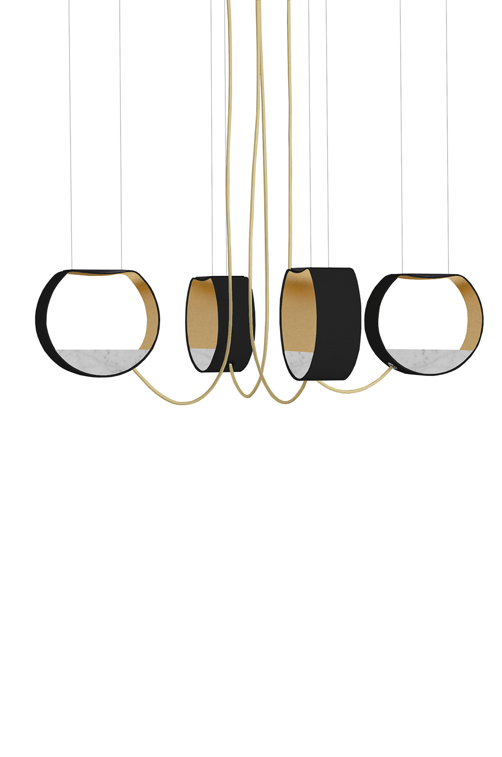 Lustre LED 4 petit rond noir et or satiné insert Marbre Made in France